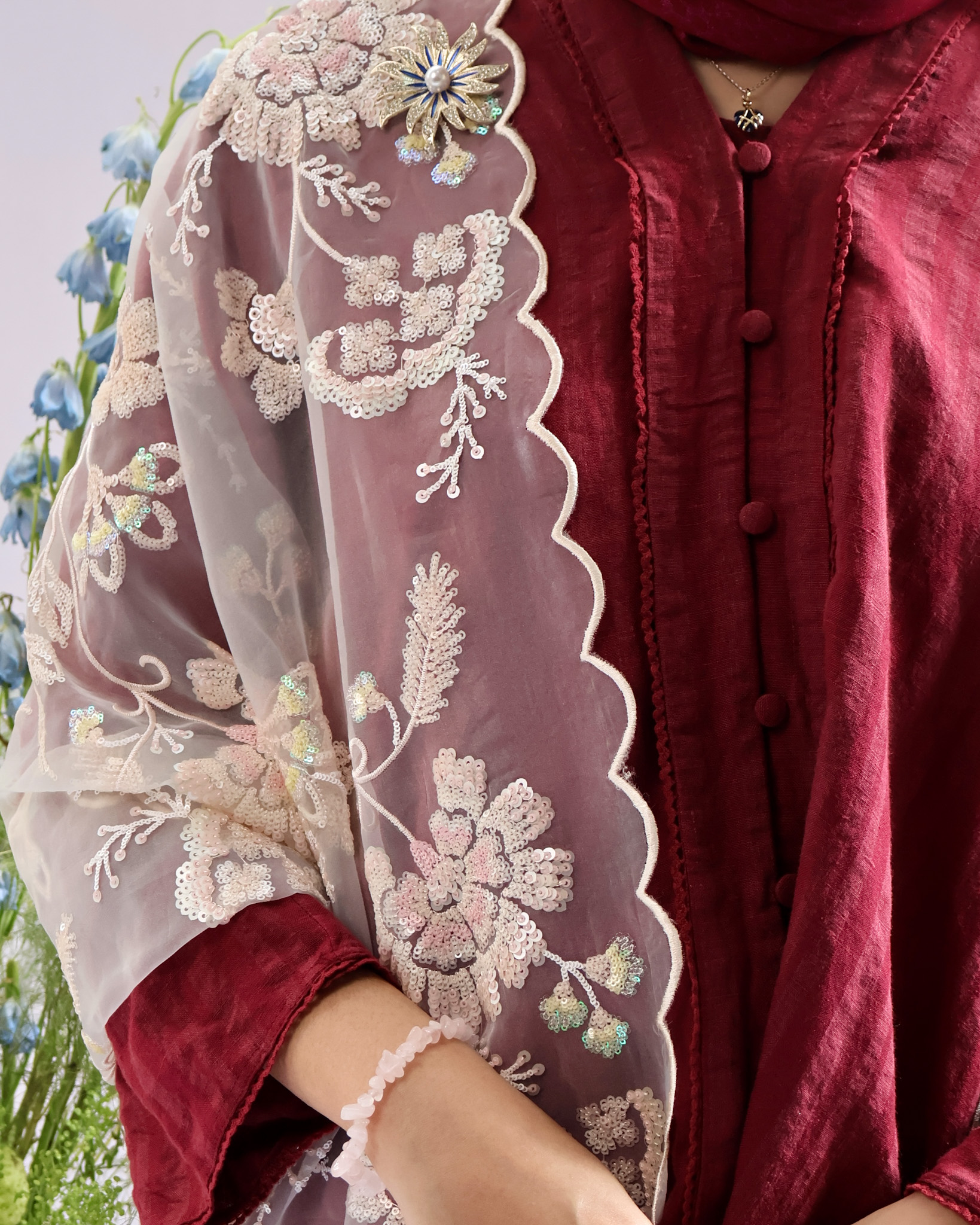 Katrina Selendang Sequins with Cream Embroidery – loccascarf