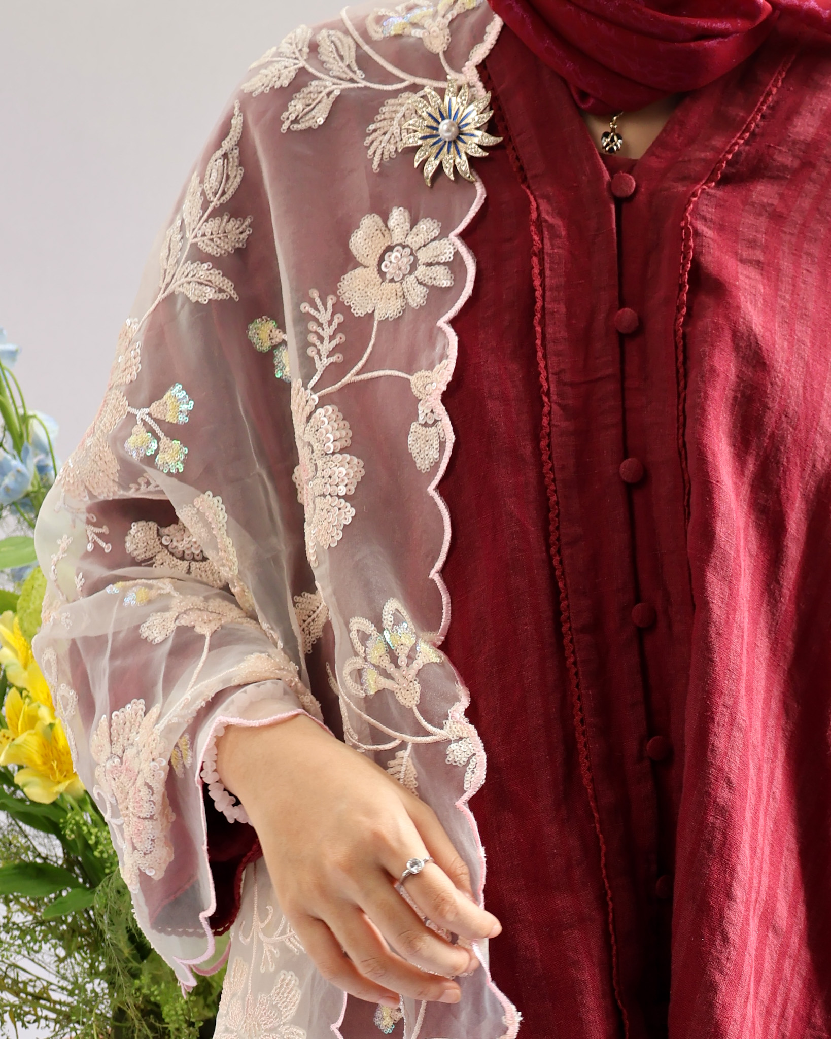 Katrina Selendang Sequins with Pink Embroidery – loccascarf