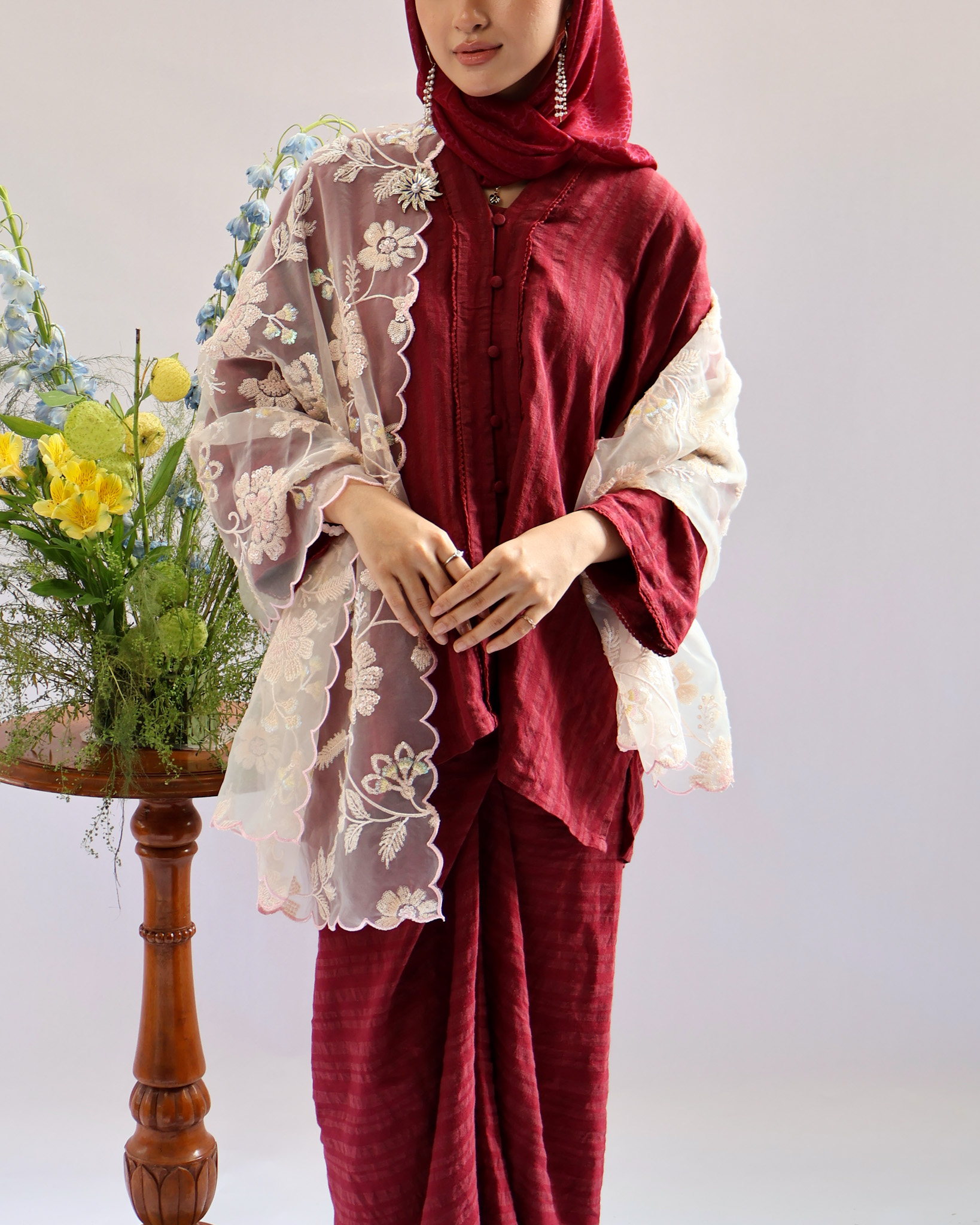 Katrina Selendang Sequins with Pink Embroidery – loccascarf